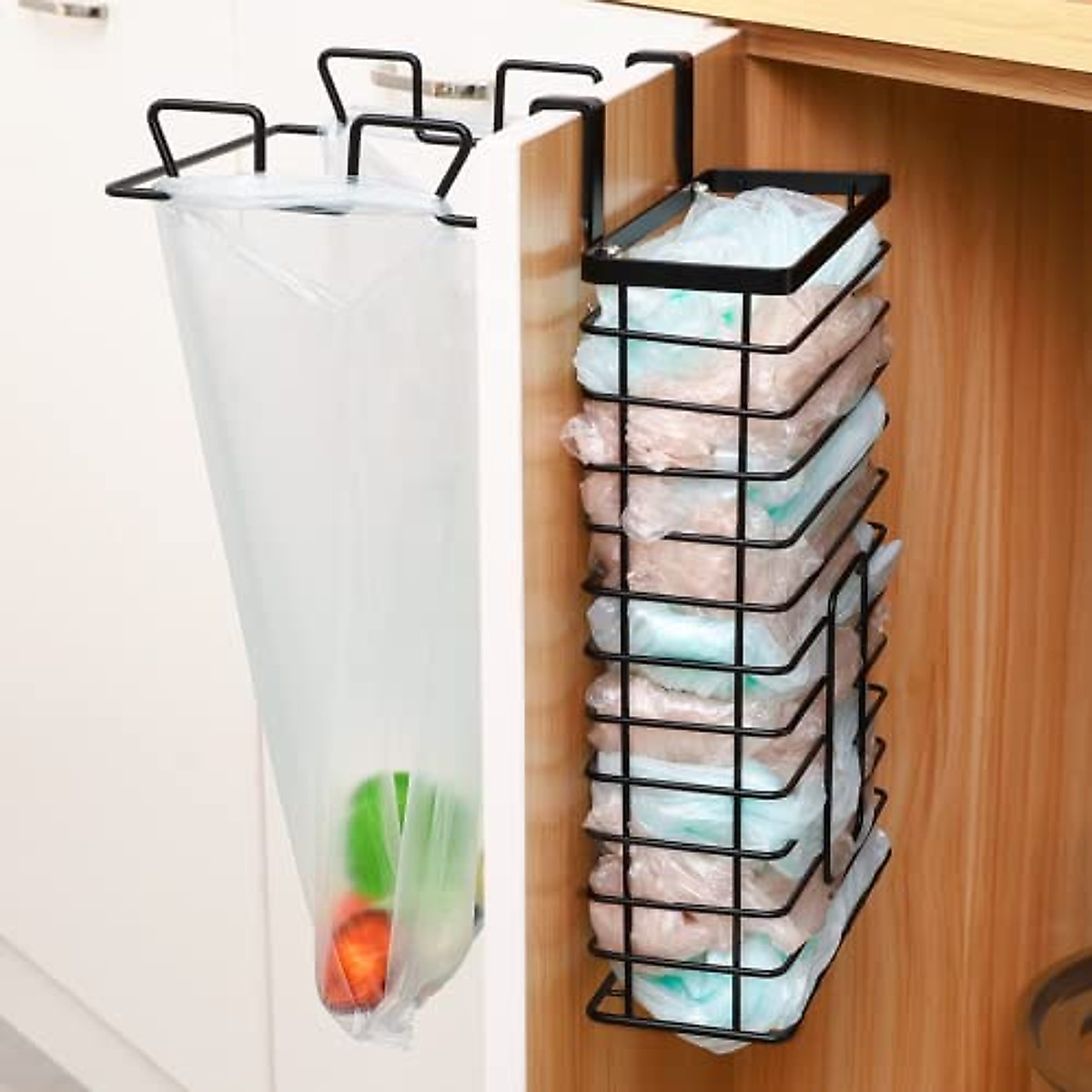 KES Plastic Bag Holder for Grocery Bags, Over The Cabinet Door Organizer, Hanging Trash Bag Holder Metal, Matte Black, KUR525-BK