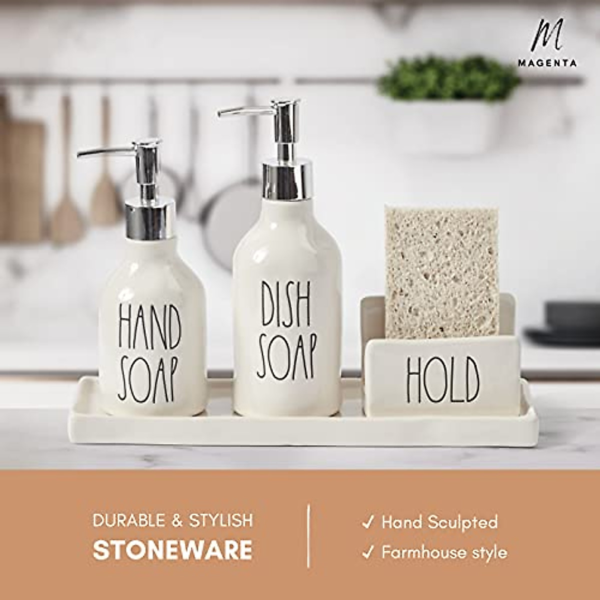 Rae Dunn Kitchen-Sink Soap Dispenser Set, Hand Soap and Dish Soap Dispenser for Kitchen with Sponge Holder and Tray