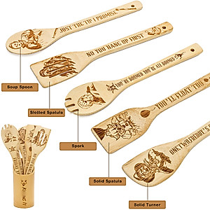 6Pcs Horror Movie Character Cooking Gift Set Wooden Spoons Utensils with Matching Holder - Halloween Movie Merchandise Laser Engraved Bamboo Spoons Set for Horror Movie Gifts, Horror Movie Party Decor