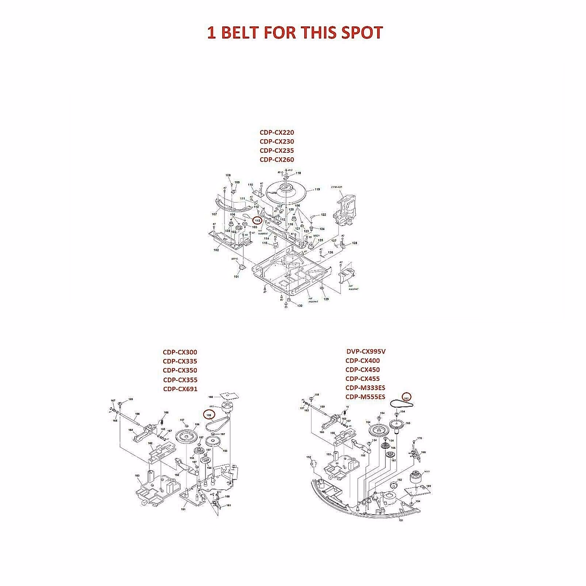 CD Player Belt Kit (1x Door Belt + 2x Drive Belts) For Sony CDP-CX300 CDP-CX335 CDP-CX350 CDP-CX355 CDP-CX400 CDP-CX450 CDP-CX455 CDP-CX691 CDP-M333ES CDP-M555ES DVP-CX995V