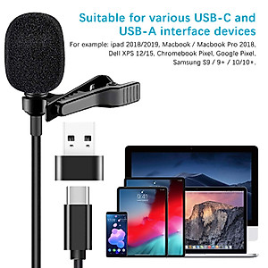 IUKUS USB Type C Lavalier Lapel Microphone,[DAC Chip] Professional Omnidirectional USB-C Lavalier Microphone with Easy Clip On System Compatible with IP@d Pro 2018 2019 Go0gle Pixel 2 3 XL M0to Z