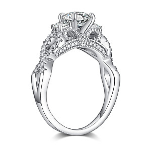 ZLAEBL 1.8CT Engagement Rings for Women, Round Three Stone Moissanite Ring White Gold Plated Silver Moissanite Rings, Twisting Wedding Rings for Proposal Wedding,9