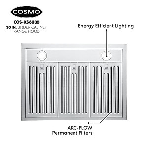 COSMO COS-KS6U30 30 in. Under Cabinet Range Hood with Digital Touch Controls, 3-Speed Fan, LED Lights and Permanent Filters, in Stainless Steel
