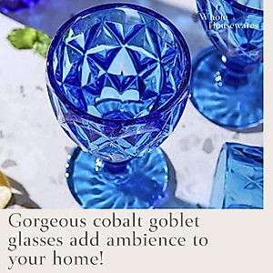WHOLE HOUSEWARES | Goblet Glass Drinkware Set | Vintage Drinking Cups | 9.5oz Water Goblets Glasses | Set of 6 Colored Glassware for Kitchen | For Wedding or Parties | Cobalt Blue Diamond Pattern