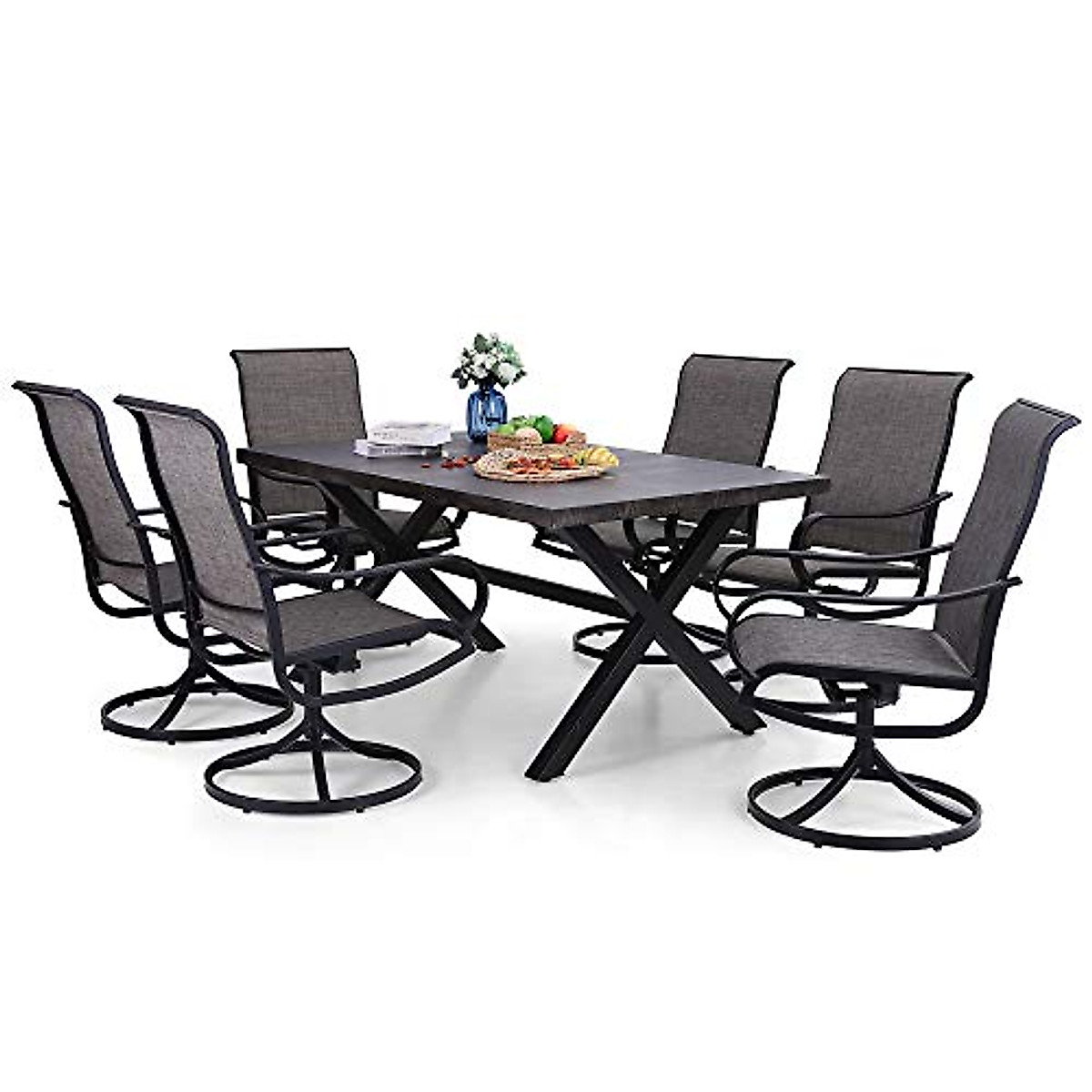 PHI VILLA 7 Pcs Outdoor Patio Dining Set, 6 Metal Chair with Textilene Fabric and 1 Wood Like Metal Dining Table, All Weather Resistant, Clearance for Lawn Garden