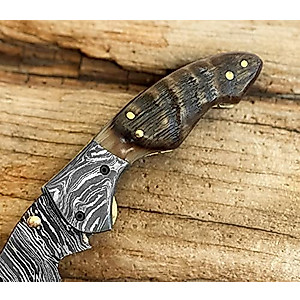 Damascus Steel Folding Pocket Knife With Ram Horn Handle - 100% Handmade Gift Knives for Men With Leather Sheath - 7.5 inches Knives For Hunters - Perfect for Any Occasion, Birthday, Anniversary, Wedding, Graduation