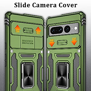 Pixel 7 Pro case, Google Pixel 7 Pro Case with Slide Camera Cover,Google Pixel 7 Pro Phone Case with HD Screen Protector， Magnetic Kickstand Case for Google Pixel 7 Pro，Green