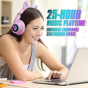 Mokata Gaming Bluetooth 5.0 Wireless Headphones Over Ear Cat LED Light Foldable Music Headset with AUX 3.5mm Microphone (Built-in) for Adult & Kids PC TV Game Music Pad Laptop Cellphone Pink