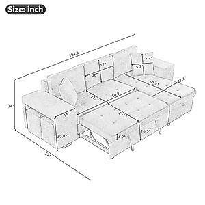 Eafurn L Shaped Reversible Sleeper Sectional Sofa Pull Out Couch Bed with Storage Chaise Lounge and 2 Stools, Button Tufted Chenille Upholstered Convertible Pullout Sofabed for Living Room Office