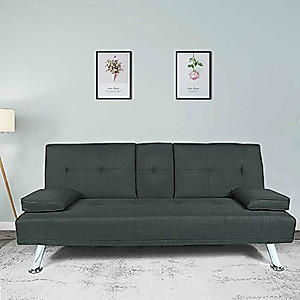 LTT Futon Sofa Bed, Futon Couch, Sleeper Dark Grey Fabric Folding Sofa Bed Dual-Purpose Multi-Functional