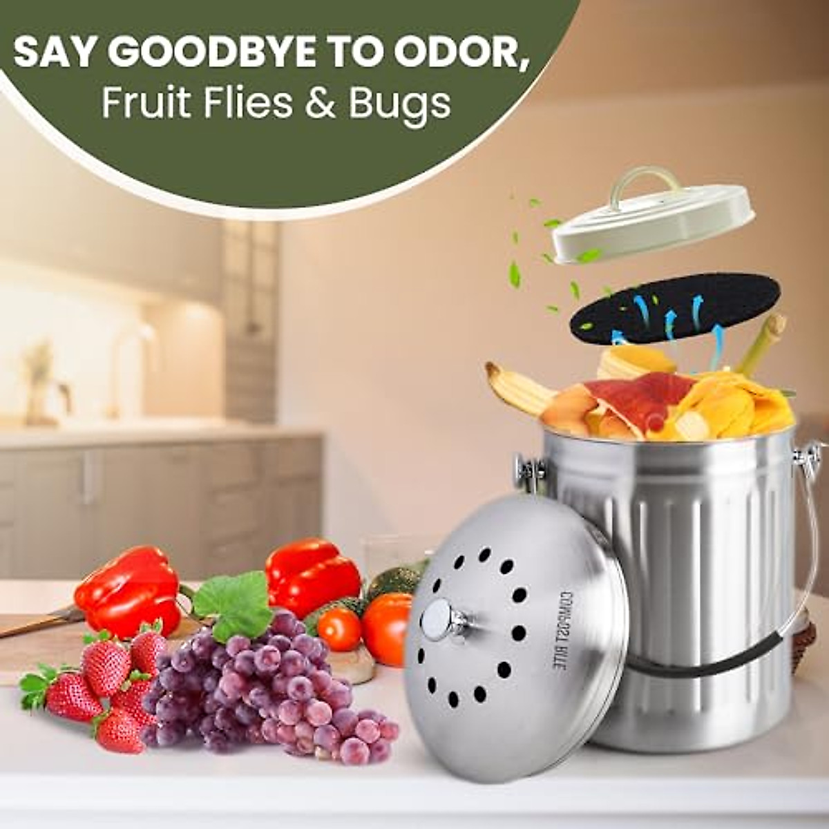 Compost Rite 4 Pack Charcoal Filters for Compost Bucket - Round 7.25 inch Compost Pail Filters, 0.5cm Thick Compost bin Charcoal Filter Replacement, Cutting Template Unisize Composting Bins