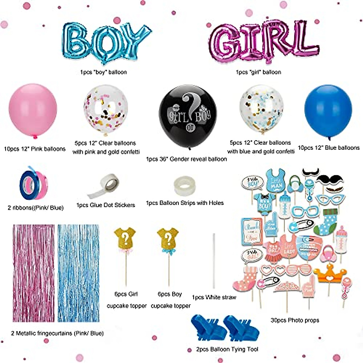 Gender Reveal Decorations, Gender Reveal Party Supplies, Gender Reveal Balloon Kit Include 36 Inch Gender Reveal Balloon, Blue and Pink Balloon, Girl & Boy Cake Topper, Girl & Boy Photo Booth Props