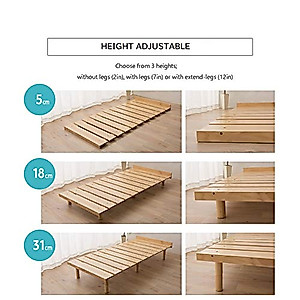 EMOOR Wood Slatted Floor Bed Frame OSMOS Twin for Japanese Futon Mattress Solid Pine (Retro-Brown), Height Adjustable (2/7/12in) Tatami Mat