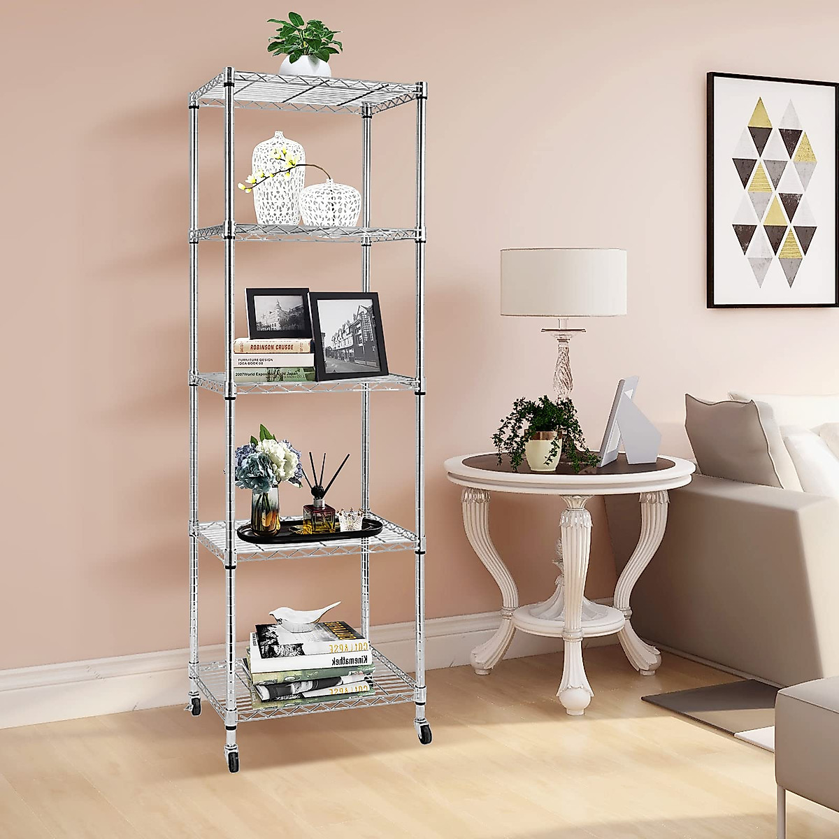 Doredo 5 Tier Narrow Wire Shelving Unit with Wheels, Adjustable Narrow Metal Shelf with NSF Certified, Narrow Storage Shelves for Laundry, Garage, Kitchen, Pantry, 18" D X 24" W X 71" H, Chrome