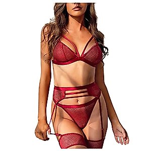 Stripper Outfits Exotic Sets, Black Lingerie Set Sec Toys Naughty Lingerie Costumes Women's Sexy Solid Color Netted Lace Gathering Three-Piece Suit Belt Valentines Day Outfit Body (XL, Wine)