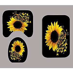 Jayden&Madge 4PCS/Set Magic Butterfly Sunflower Shower Curtain Flower Bathroom Set, Waterproof Fabric Cloth Bath Curtain, Non-Slip Bathroom Rugs Toilet Rugs Bath Mats, Floral Bathroom Decor, Butterfly
