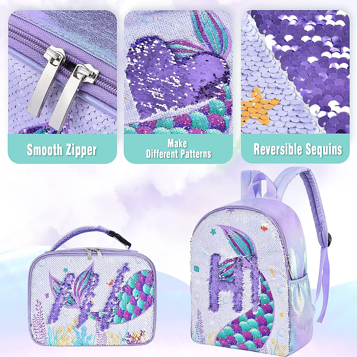WERNNSAI Mermaid Kids Backpack Set - 15” Mermaid Sequins School Backpack with Lunch Bag for Girls Preschool Kindergarten Elementary Travel Laptop Lightweight Book Bag Insulated Lunch Tote Bag