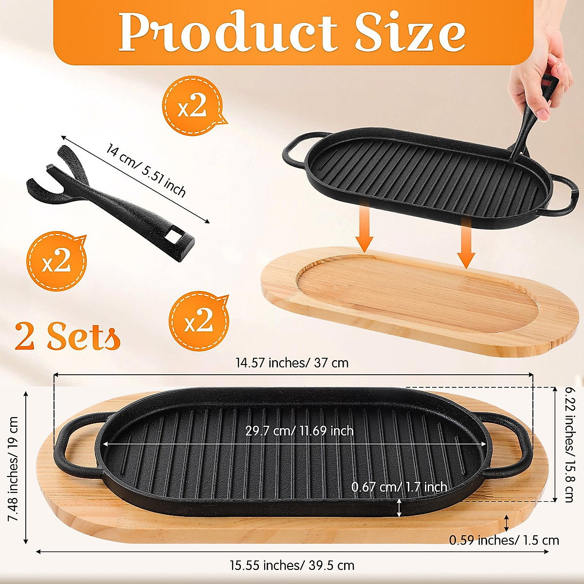 Yiyiring 2 Pcs Cast Iron Fajita Skillet Pan Set Sizzling Steak Plate with Wooden Base and Removable Handle Cast Iron Grill Frying Pan for Home Restaurant Kitchen Cooking (12 x 6.3 Inch)