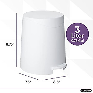 Superio Small Trash Can with Lid 3 Lite, Plastic Mini Waste Bin 0.75 Gallon, Modern Flat Lid Step Trash Can with Foot Pedal, Bathroom, Bedroom, Office, Under Desk, Soft Close (White)