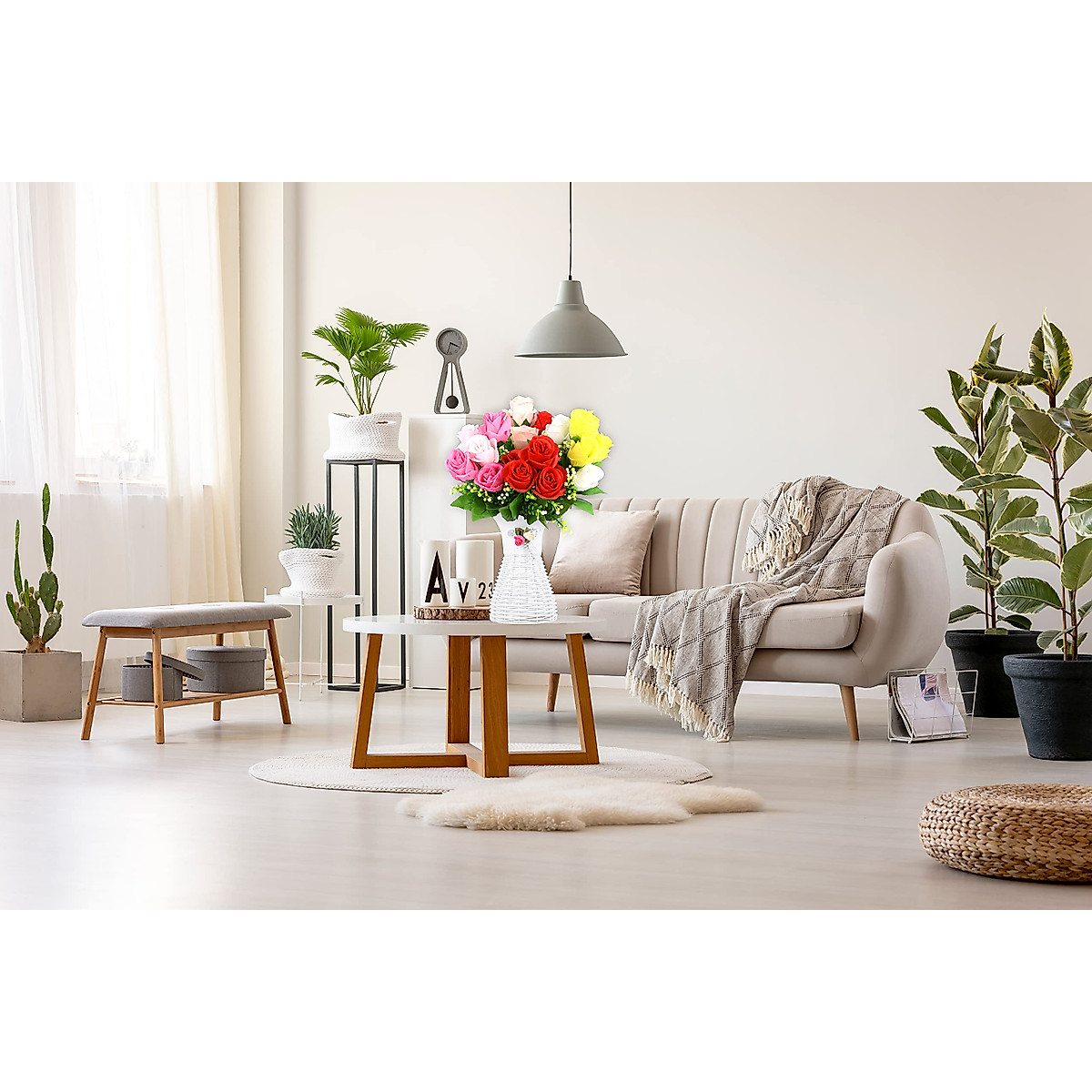 KASIHAO Artificial Rose Flower Green Leaves and Stem Silk Fake Rose Flower Home Garden Decoration Wedding Bouquet, Birthday Gift Flower Party (Color), ReYellow