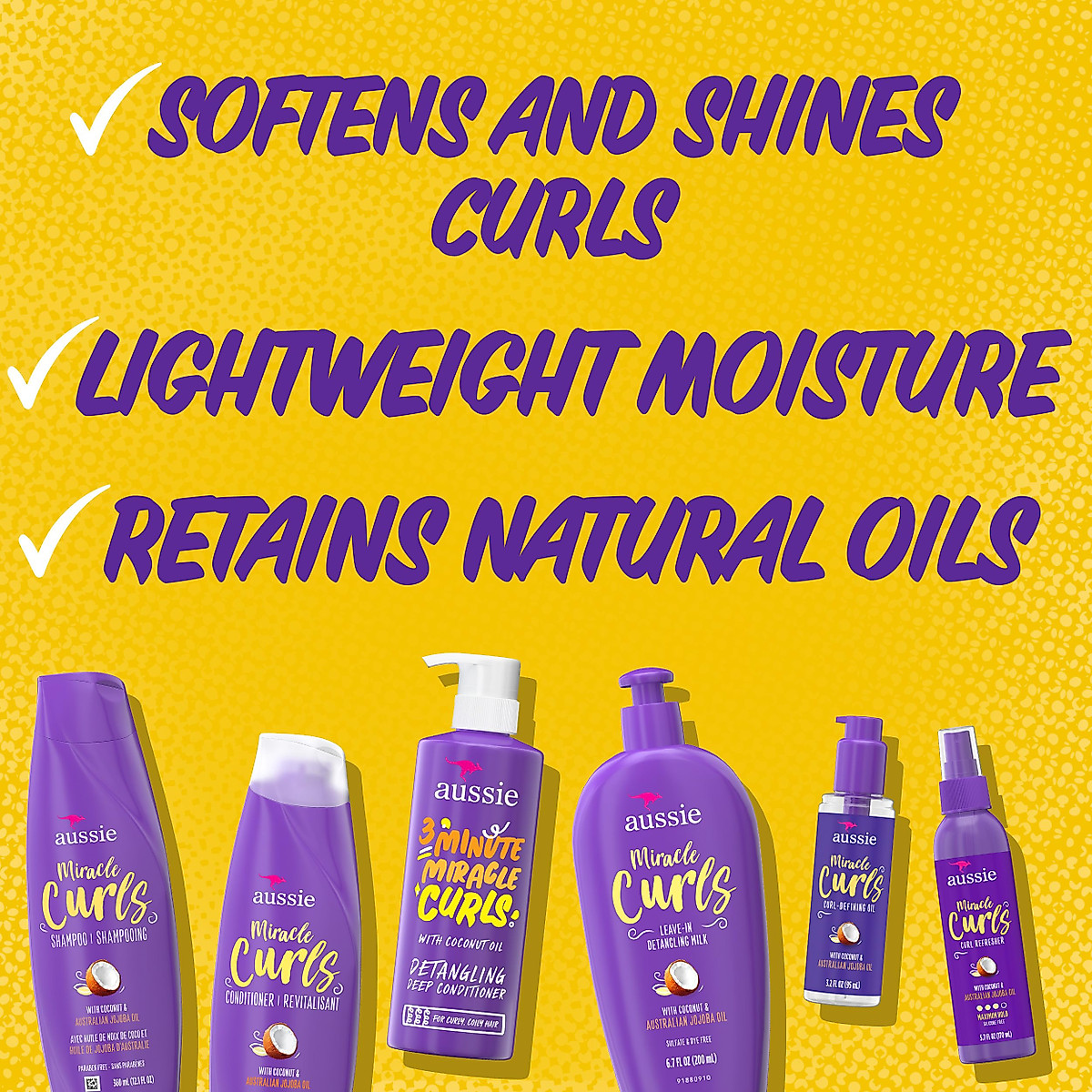 Aussie Miracle Curls Set: Shampoo, Conditioner, Deep Hydration, Spray Gel, Detangling Milk, and Oil Hair Treatment, Curl Oil, Coconut & Jojoba, Frizz Control, 6 Pieces
