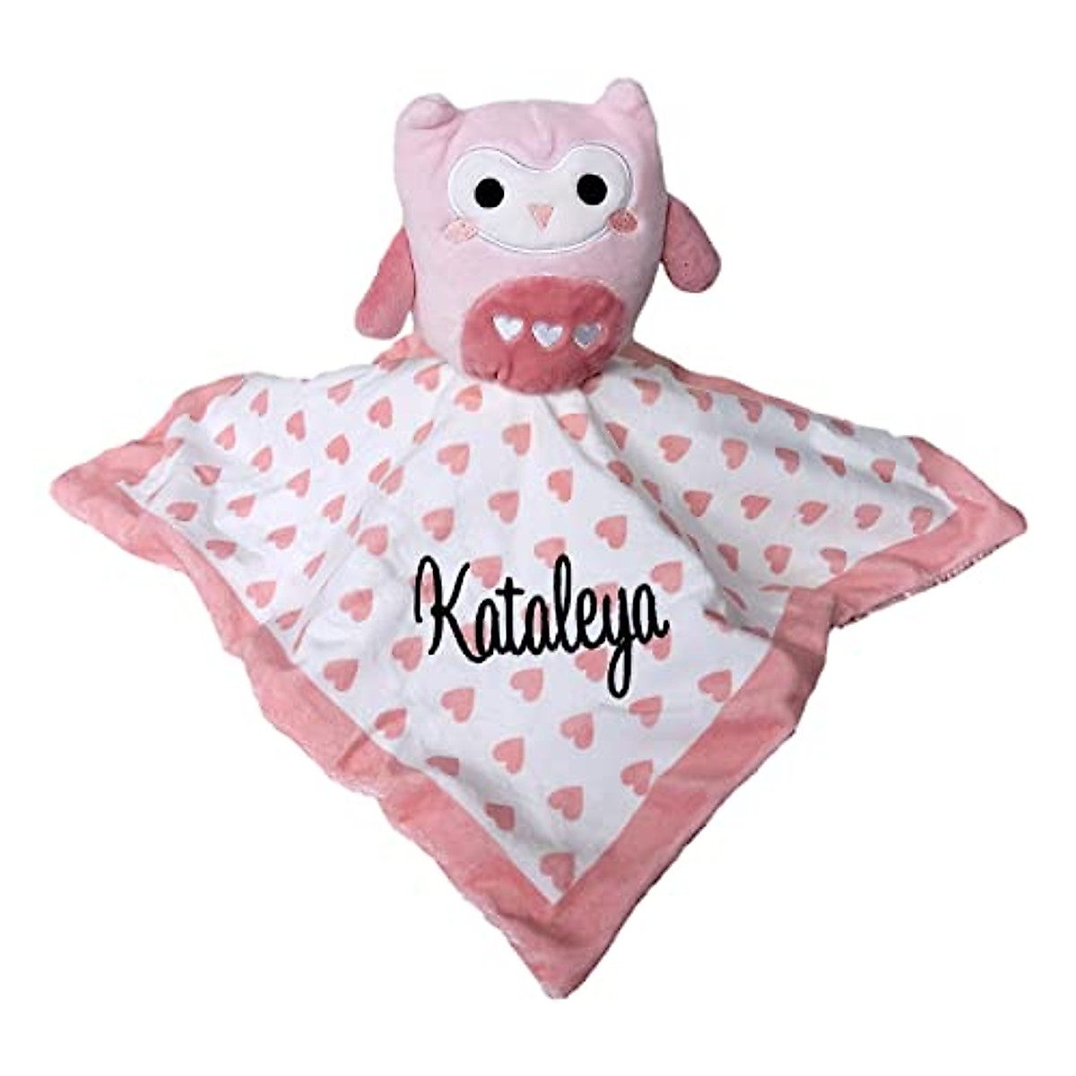 SONA G DESIGNS Baby Lovey Custom Personalized with Name Plush Security Blanket - Narwhale - Elephant - Owl for Infants Babies Toddlers Newborns (Pink Owl with Embroidered Name)