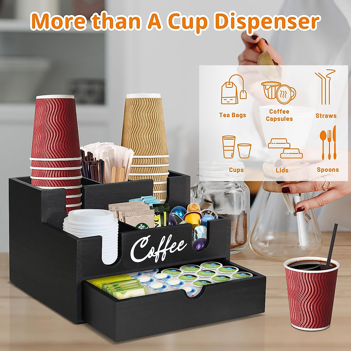 Disposable Coffee Cup Holder Dispenser with Drawer, 6 Compartments Coffee Bar Accessories Organizer for Cup Lid Sleeve Pods Syrup, Wood Coffee Station Organizer Paper Cup Dispenser