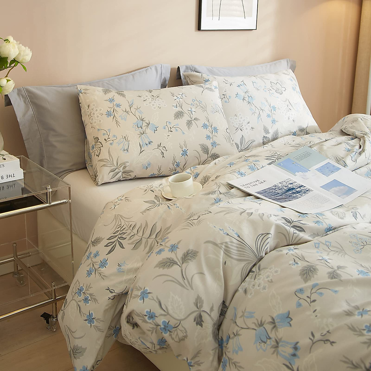 ENJOYBRIDAL Floral Botanical Duvet Cover Queen 100% Cotton Soft Bedding Set Queen Garden Style Grey Leaves and Blue Flowers 3 Pieces Vintage Aesthetic Lightweight Duvet Cover Set, No Comforter