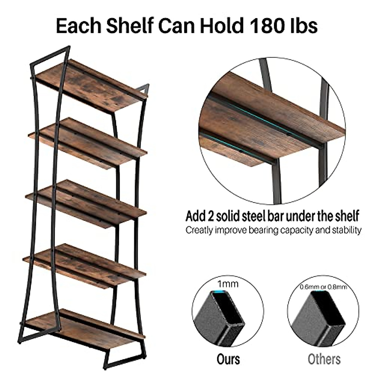 Pabroni Bookshelf Organizer 5-Tier Bookshelf Storage Rack, Rustic Standing Bookcase, Industrial Wood Metal Storage Book Shelves Unit for Home Office, Living Room and Bedroom