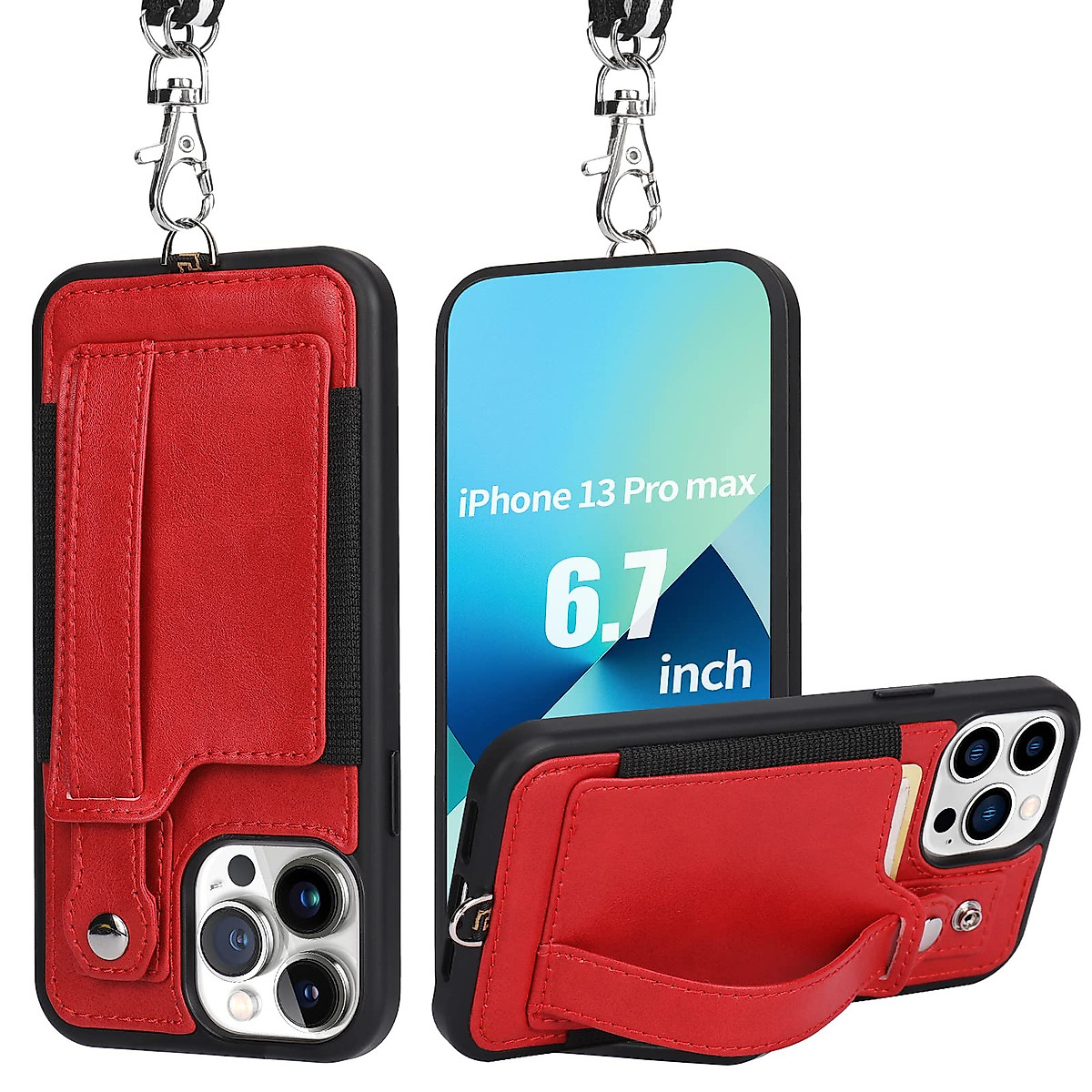 TOOVREN iPhone 13 Pro Max Case Wallet, Compatible with iPhone 13 Pro Max Case with Card Holder Kickstand Adjustable Detachable Necklace, iPhone Lanyard for iPhone 13 Pro Max 6.7 inch 2021 Red
