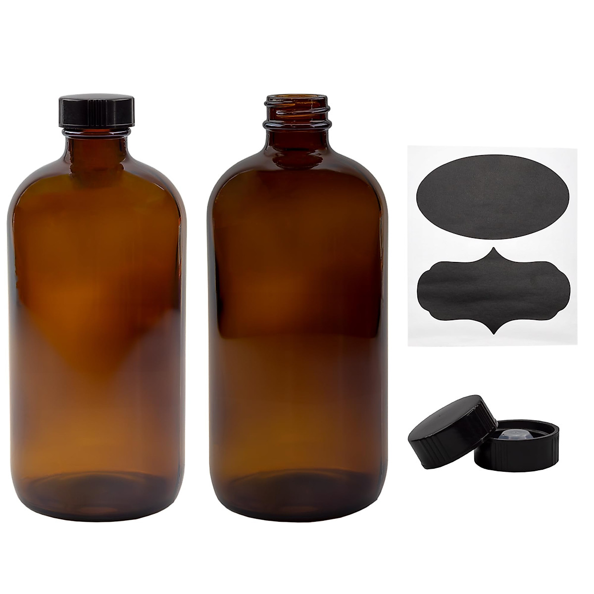 Cornucopia 16oz Amber Glass Bottles with Reusable Chalk Labels and Lids (2 Pack), Refillable Brown Boston Round Bottles, with Black 28-400 Caps