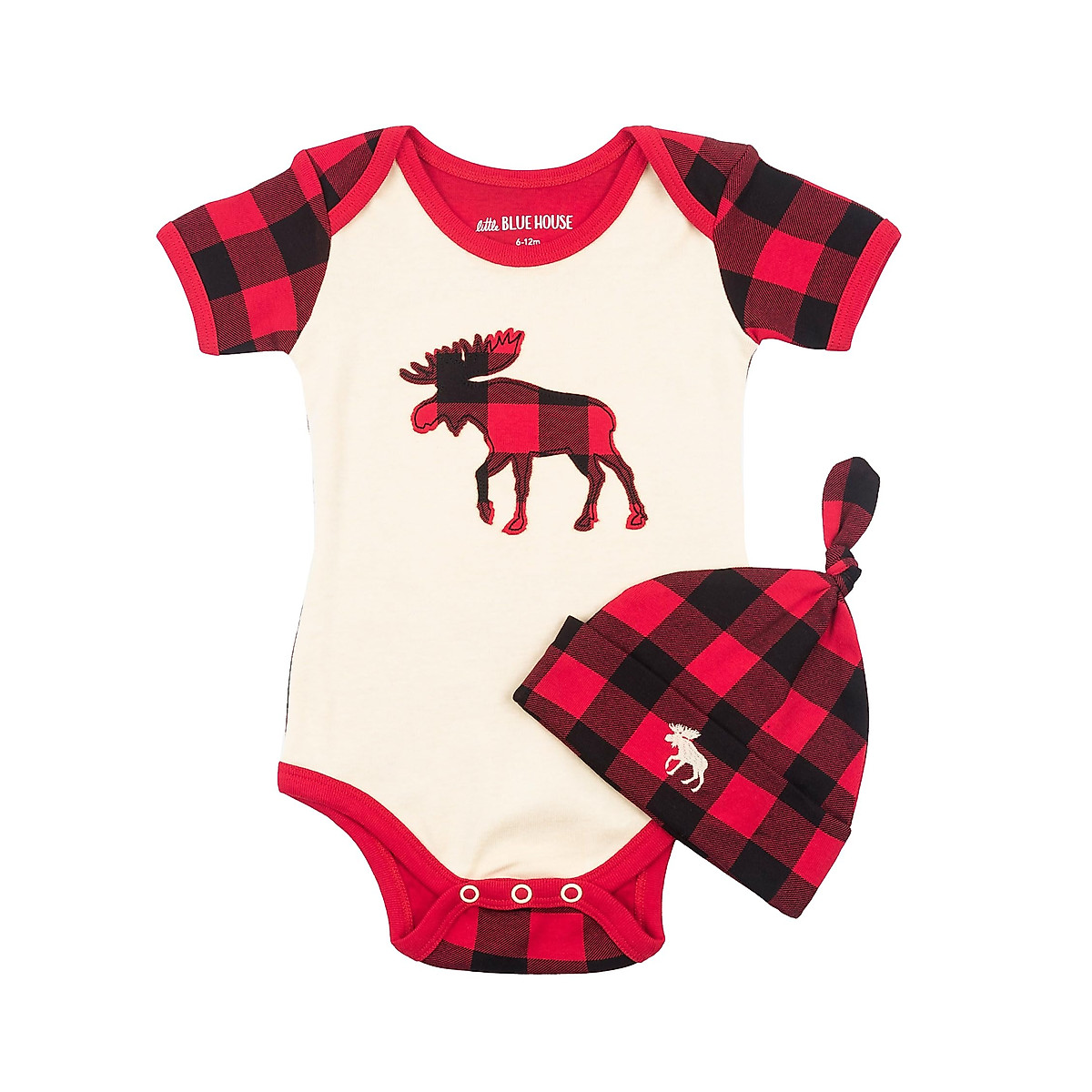 Little Blue House unisex-baby Bodysuit with Hat, Plaid Moose, 3-6 Months