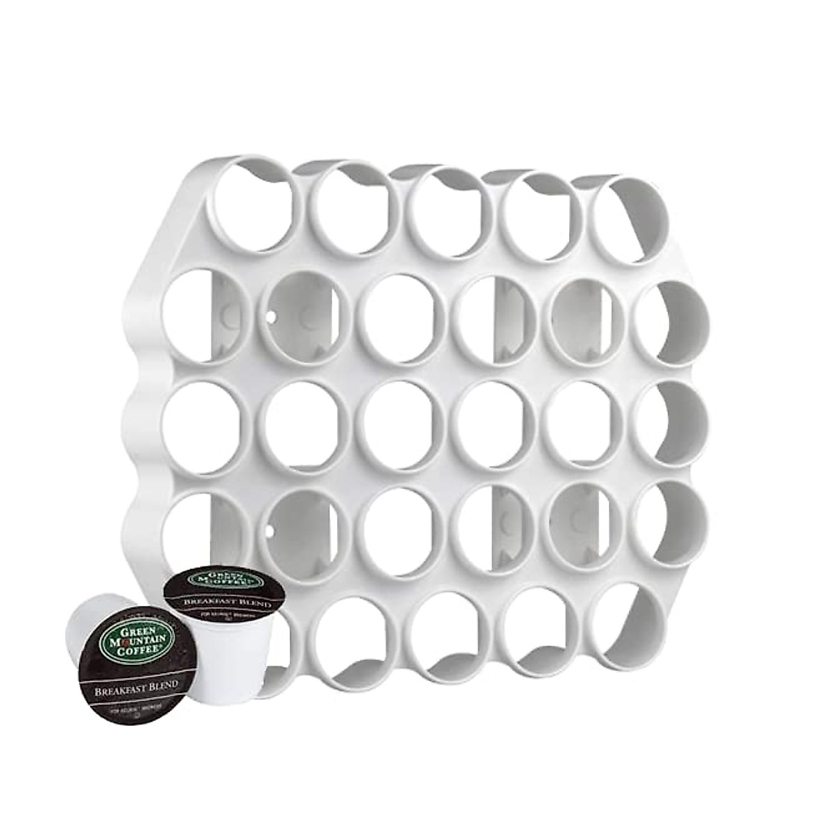 Storage Theory Peel and Stick Plastic Cafe Wall Caddy White - Kcups Holder Wall Mount with 28 Capacity Single Serve Coffee or Tea Pod Wall Display