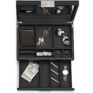 Glenor Co Mens Valet/Dresser Organizer - Luxury 12 Slot Jewelry Accessories Box, Carbon Fiber Design, Drawer Tray, Metal Buckle & Large Mirror for Men’s Watches, Sunglasses, Wallet… Pu Leather Black