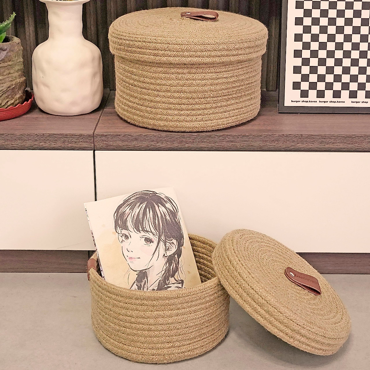 Aplolemo Jute Rope Basket with Lid,Decorative Woven Baskets with Lids,Leather Design Lidded Round Basket,Small Basket with lid,Storage Baskets with Lids-Set of 2（10"x6"/8.5"x5"）