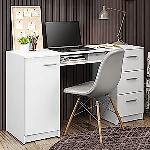 Madesa Computer Desk with 3 Drawers, 1 Door and 1 Storage Shelf, Wood Writing Home Office Workstation, 30” H x 18” D x 53” W - White