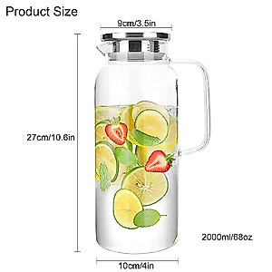 BOQO 2 L/ 68 oz Glass Pitcher with Lid, Glass Carafe for Hot/Cold Beverages,Glass Water Jug for Fridge,Iced Tea Pitcher, Large Clear Glass Water Pitcher for Cold Brew,Juice,Milk and Homemade Beverage