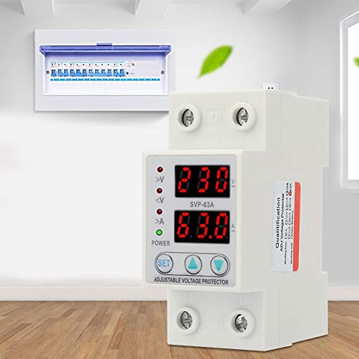 Double LED Display Single Phase Adjustable Voltage Current Protector Voltage Protective Device AC230V 63A 81 x 36 x 60mm