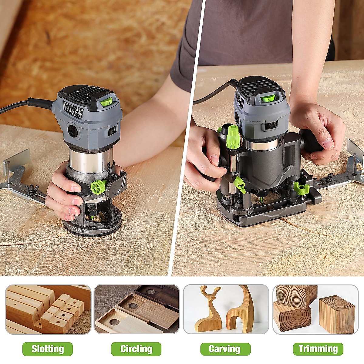 WORKPRO Compact Router Combo Kit, 6.5 Amp Compact Router Fixed Base & Plunge Router for Woodworking Slotting Trimming, 6 Variable Speeds to 32000 RPM