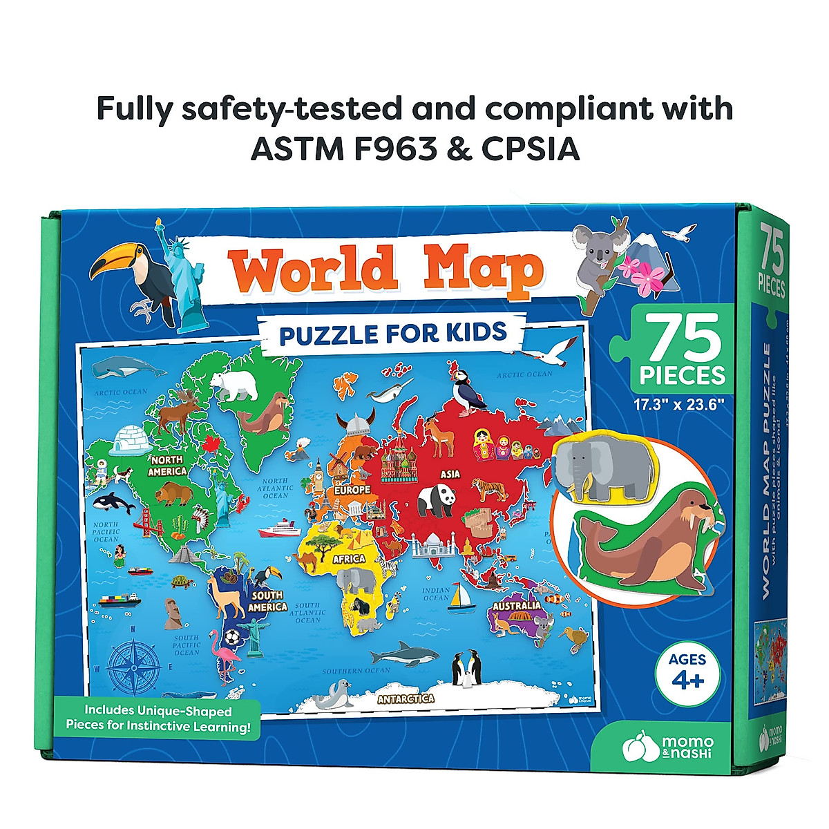 World Map Puzzle for Kids - 75 Piece - World Puzzles with Continents - Childrens Jigsaw Geography Puzzles for Kids Ages 4-8, 5, 6, 7, 8-10 Year Olds - Globe Atlas Puzzle Maps