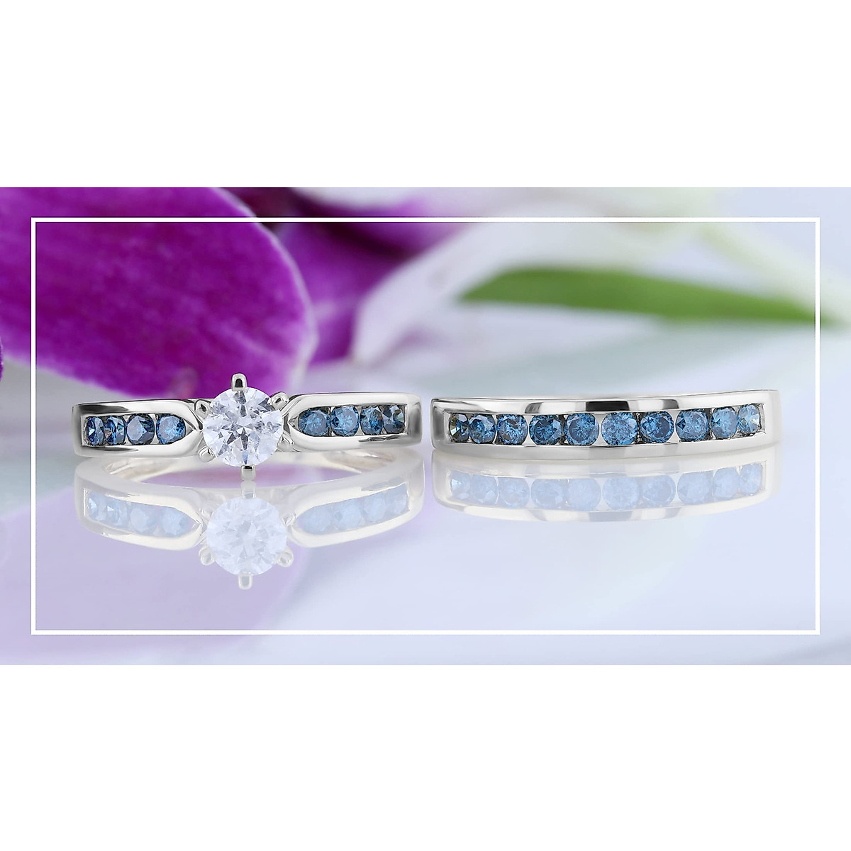 Dazzlingrock Collection 1.00 Carat (ctw) 14k Round Blue & White Diamond Wedding Ring Set 1 CT, White Gold, Size 7