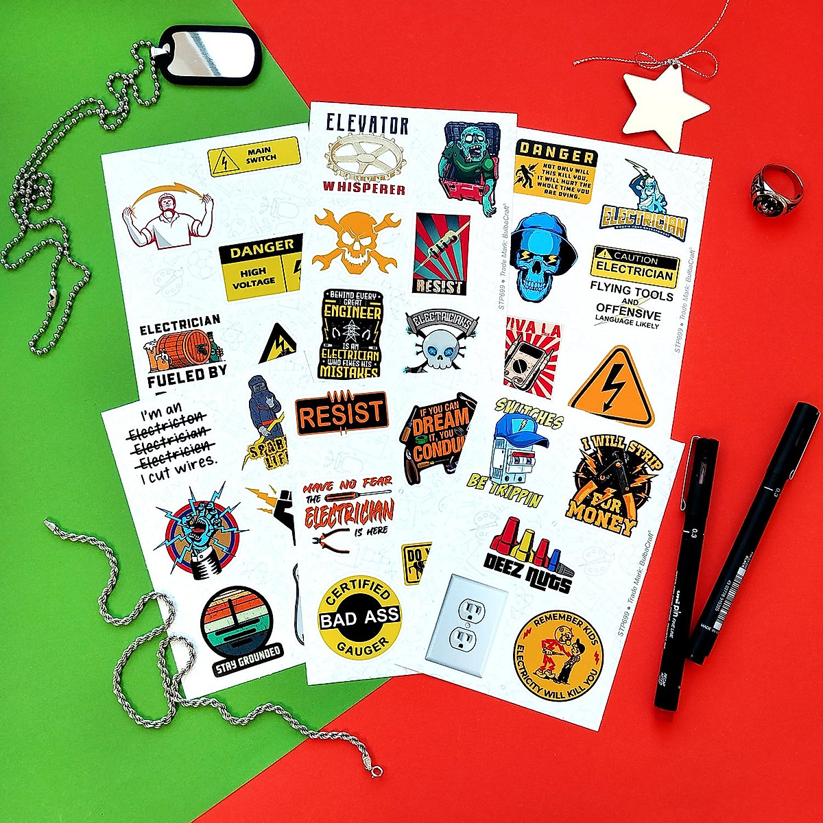 BulbaCraft 100Pcs Funny Electrician Stickers for Hard Hats, Electrician Hard Hat Stickers and Decals, Funny Electrician Gifts for Men, Gifts for Electrician Men, Electrician Gift Ideas