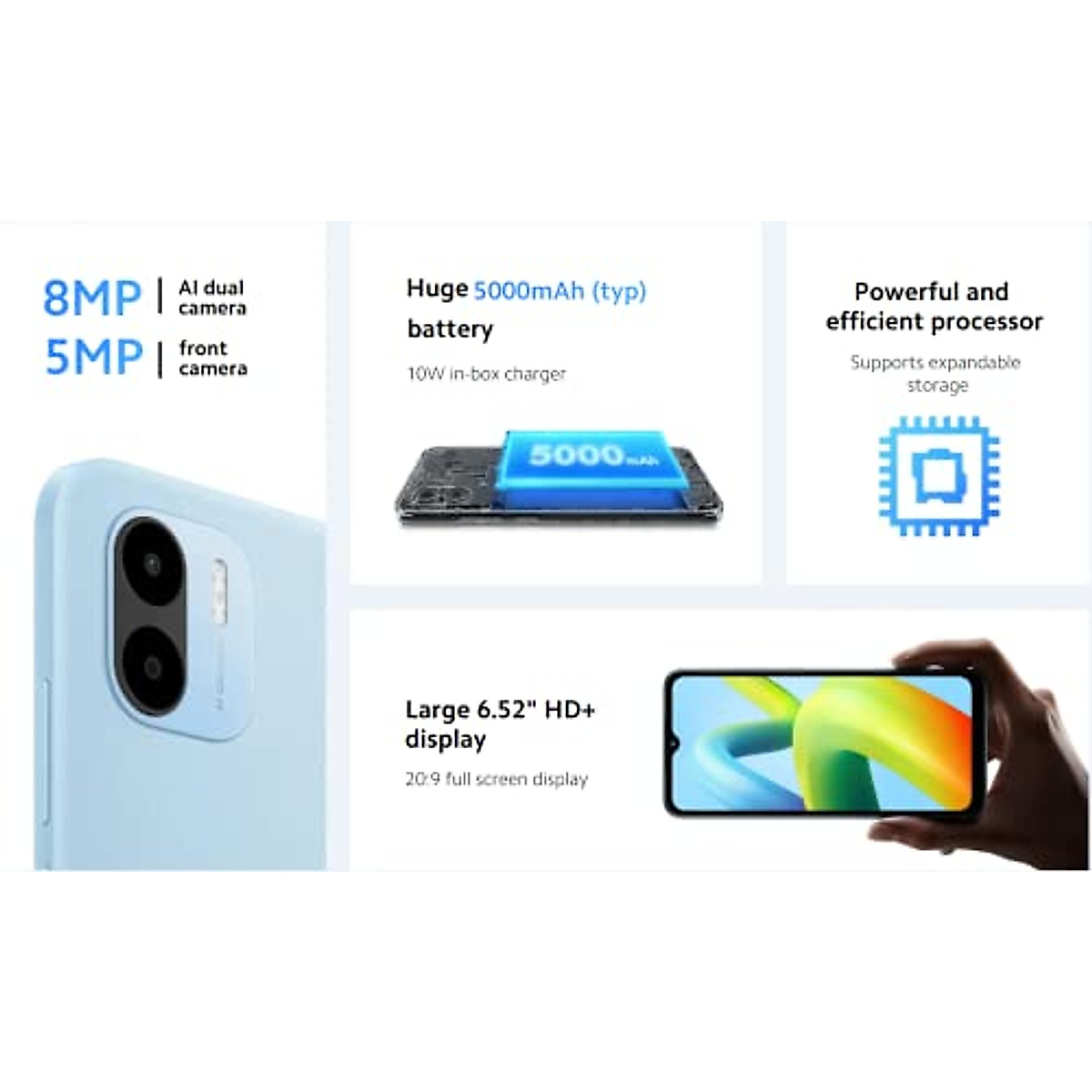 Xiaomi Redmi A1 Unlocked 4G Volte Cellphone,2GB RAM + 32GB ROM,6.52" Display, 8MP Camera,5000mAh Battery with 10W Fast Charging Smartphone (Blue)