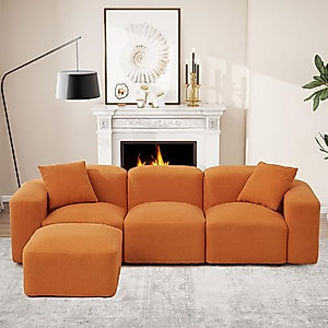 Wonder Comfort 94" Teddy Fabric L-Shaped Sectional Sofa with Reversible Ottoman, Sherpa Futon Couch with 2 Pillows for Living Room Apartment, Orange