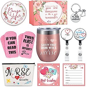 Coume Nurse Gift Box for Women 9 Pieces Nurse Appreciation Gift Set Nurses Customized Wine Tumbler Present Set Thank You Gift for Nursing School Graduation Gifts NICU Nurse Gifts (Rose Gold)