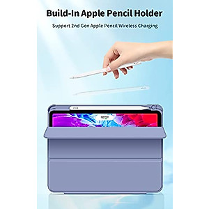 ExuCase for iPad Air 5th Generation 10.9 Inch 2022 / iPad Air 4th Gen 2020 / iPad Pro 11 2022/2021/2020/2018 with Pencil Holder, Trifold Smart Cases Shell + Clear Transparent Back Cover, Gray Purple