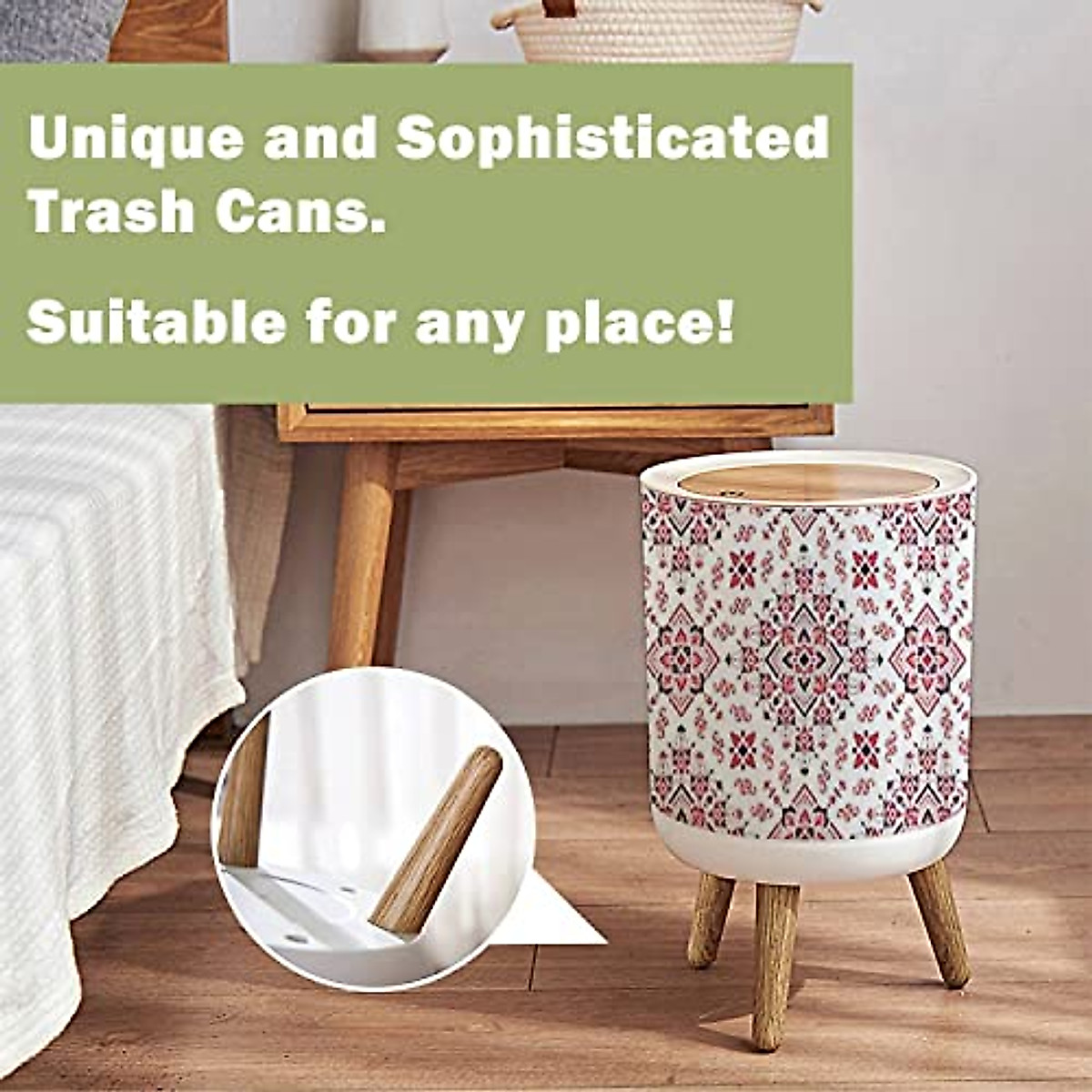 Small Trash Can with Lid Seamless Based on Ornament Paisley Bandana Print Vintage Style Silk Wood Legs Press Cover Garbage Bin Round Waste Bin Wastebasket for Kitchen Bathroom Office 7L/1.8 Gallon