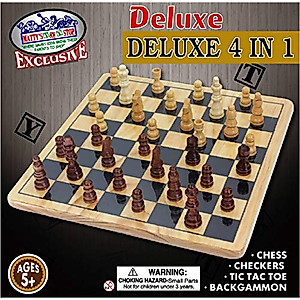 Matty's Toy Stop Deluxe 4-in-1 Reversible Chess, Checkers, Tic Tac Toe & Backgammon Wooden Board Game Set
