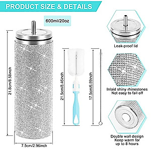 2 Pieces Glitter Water Bottles Rhinestone Stainless Steel Thermal Water Bottle Bling Insulated Water Bottle with Chain Bedazzled Refillable Water Bottle with Cup Brushes for Women Girl
