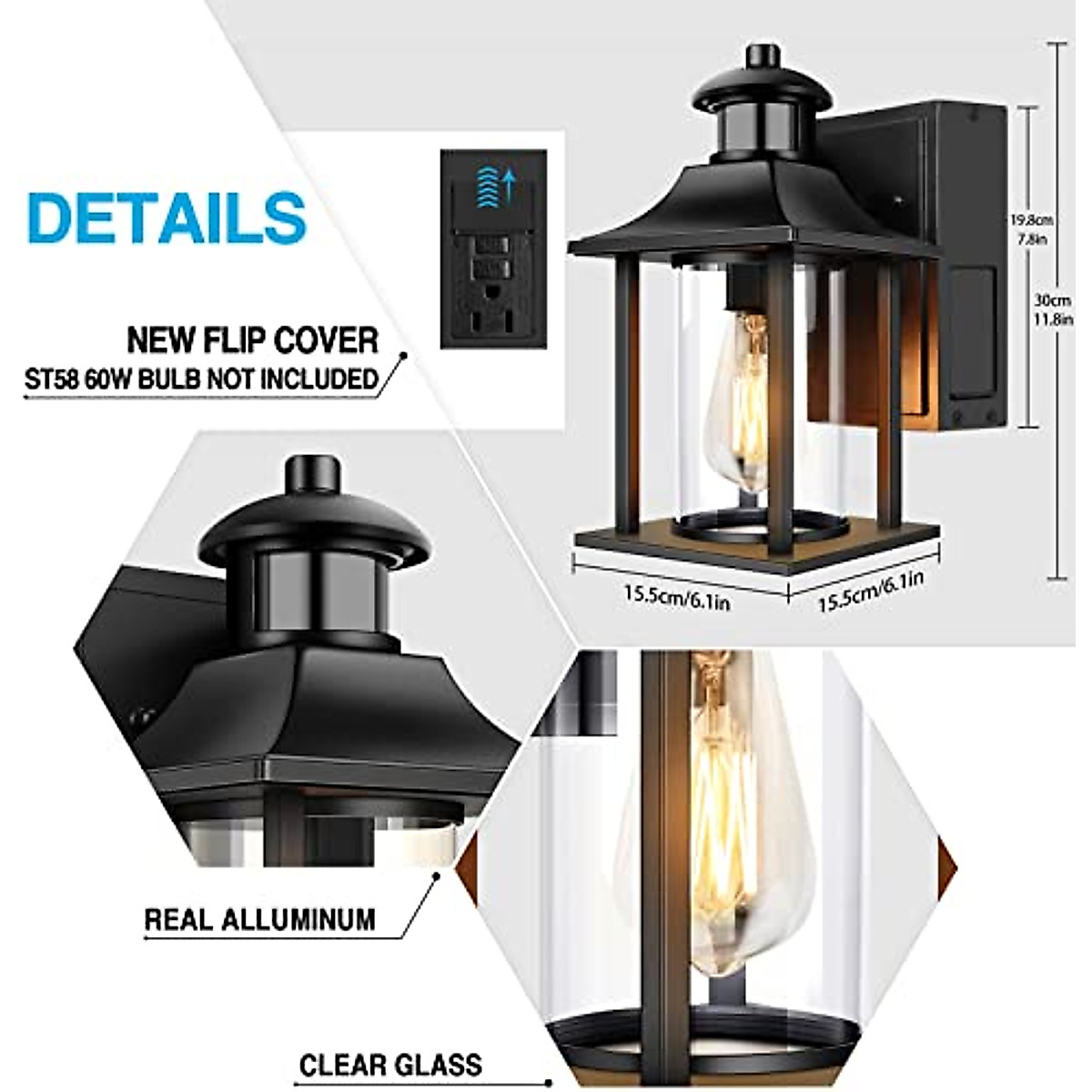 VDKK Porch Lights Fixture with Outlet,Exterior Outdoor House Light Wall Mount with Outlet Built in,Waterproof Wall Light with 3 Motion Modes,Anti-Rust Wall Lantern for Balcony(Bulb NOT Included)